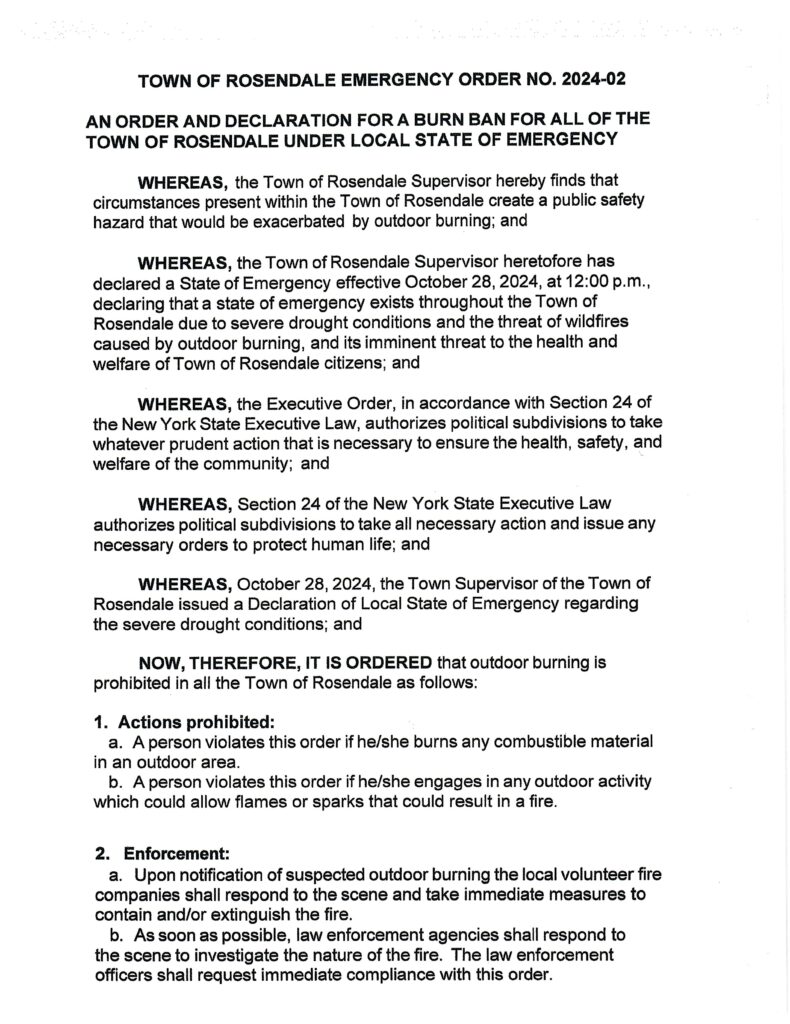 Town of Rosendale Declaration for Burn Ban | Town of Rosendale, NY